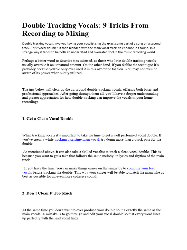 Double Tracking Vocals | PDF | Sound Production Technology | Audio Engineering