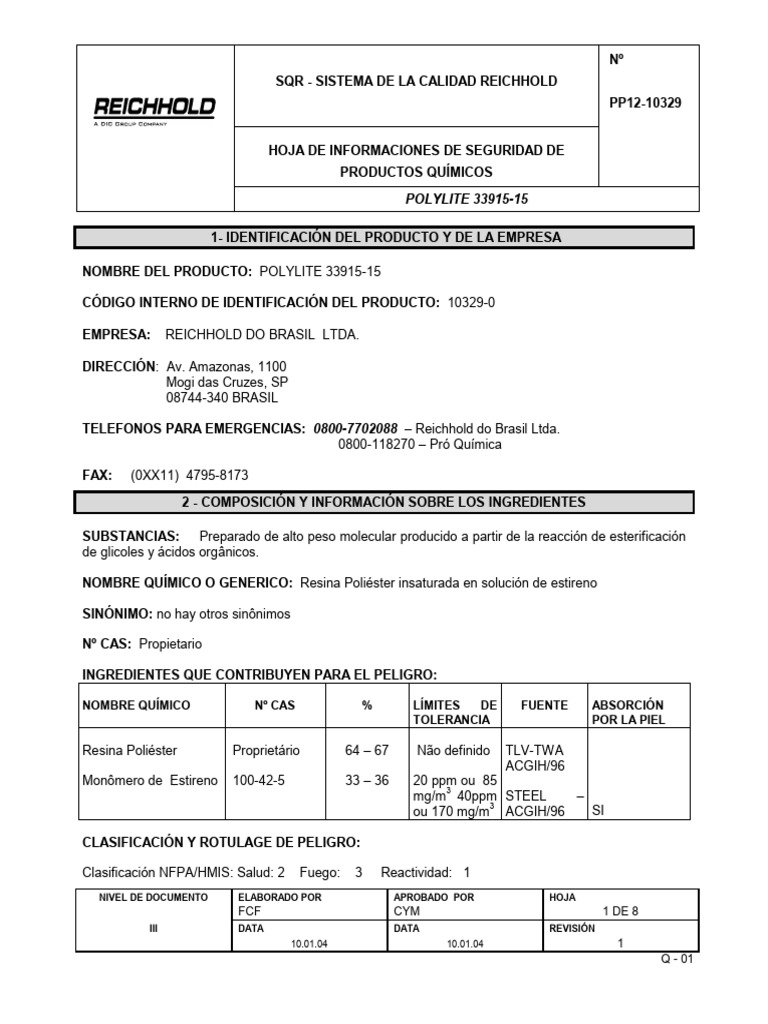 Hoja Seguridad Resina | PDF | Agua | Naturaleza