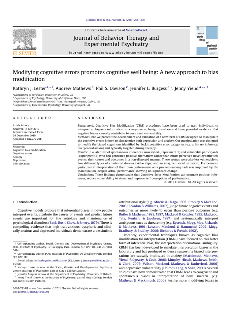Lester et al Cognitive Errors | PDF | Anxiety | Mental Disorder