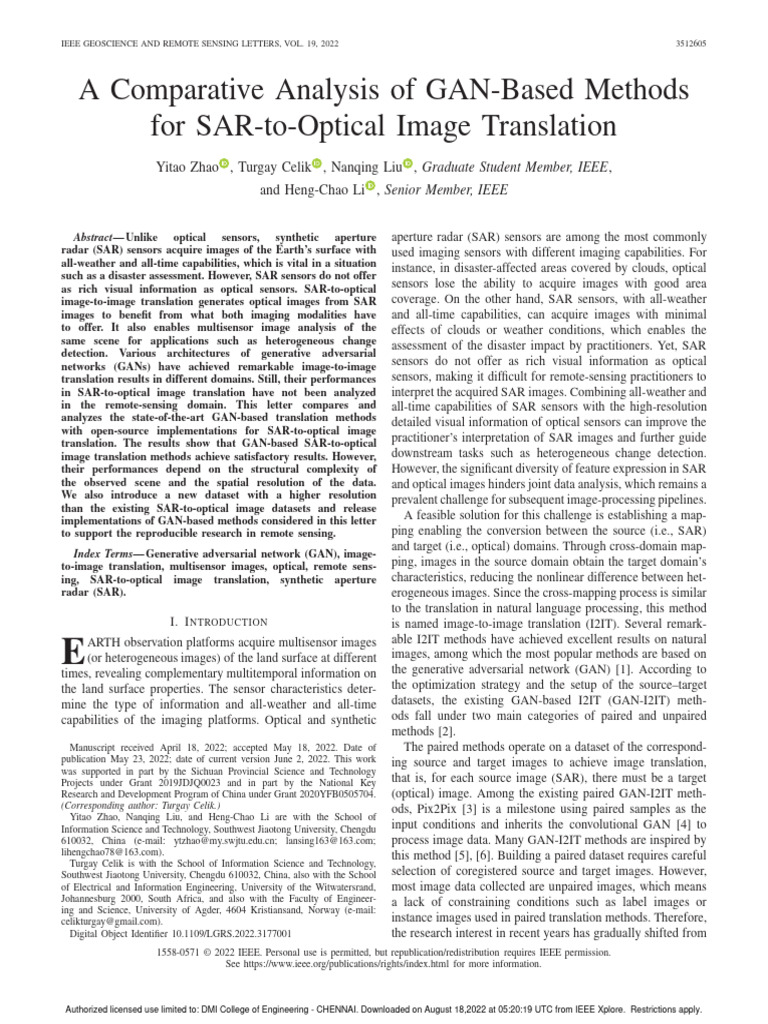 A Comparative Analysis of GAN-Based Methods For SAR-To-Optical Image Translation | PDF | Remote ...