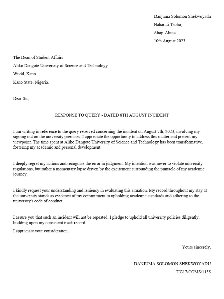 Response to Absence Query Letter | PDF