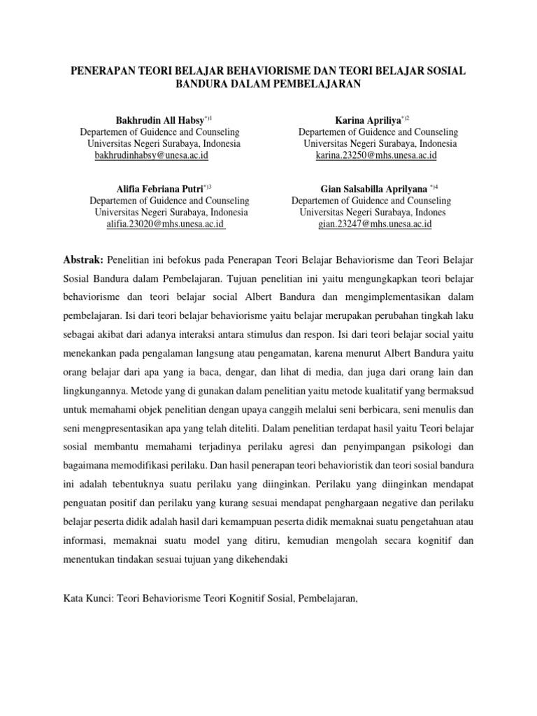 Penerapan Teori Belajar Behaviorisme Dan Teori Belajar Sosial Bandura ...