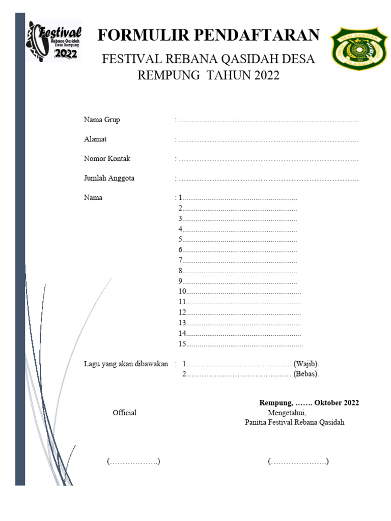 Formulir Pendaftaran Qasidah Rebana | PDF Formulir Pendaftaran Qasidah Rebana | PDF