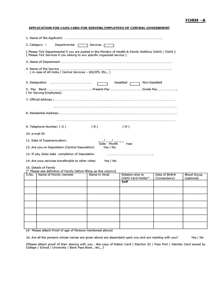 CGHS Card Application for Central Employees | PDF