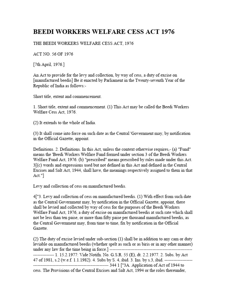Beedi Workers Welfare Cess Act 1976 | PDF