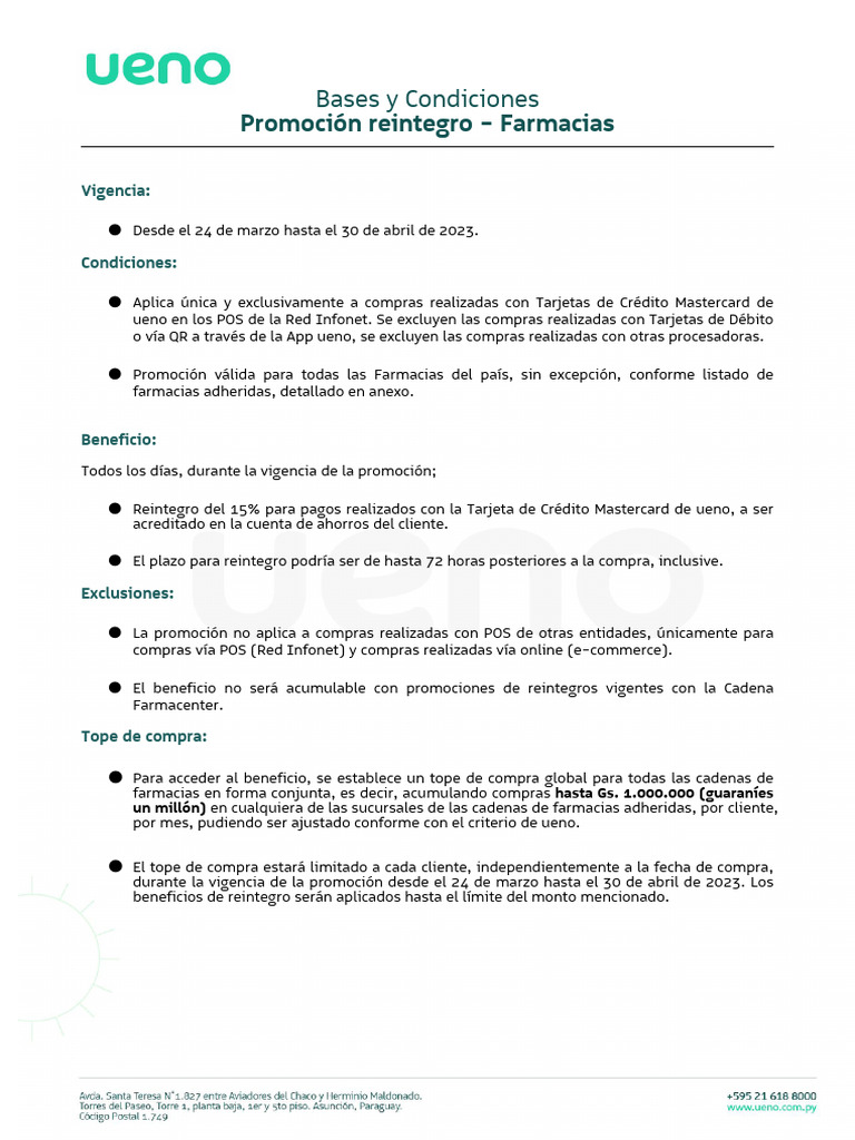 Bases y Condiciones Ueno - Farmacias | PDF