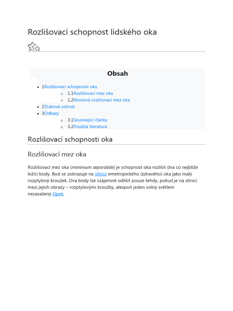 Rozlišovací Schopnost Lidského Oka: Obsah | PDF