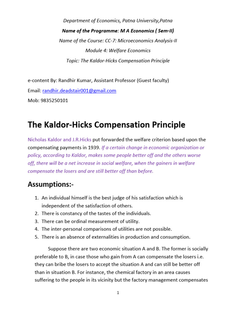 Kaldor-Hicks Compensation Principle Explained | PDF