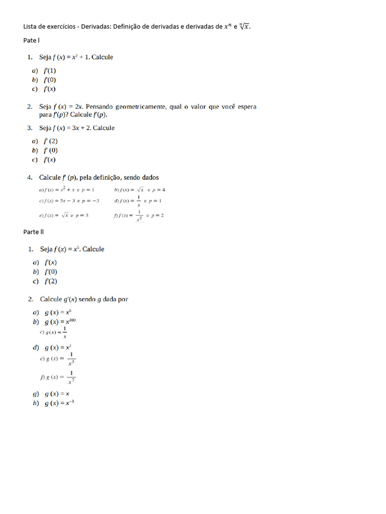 Lista de exercícios derivadas | PDF