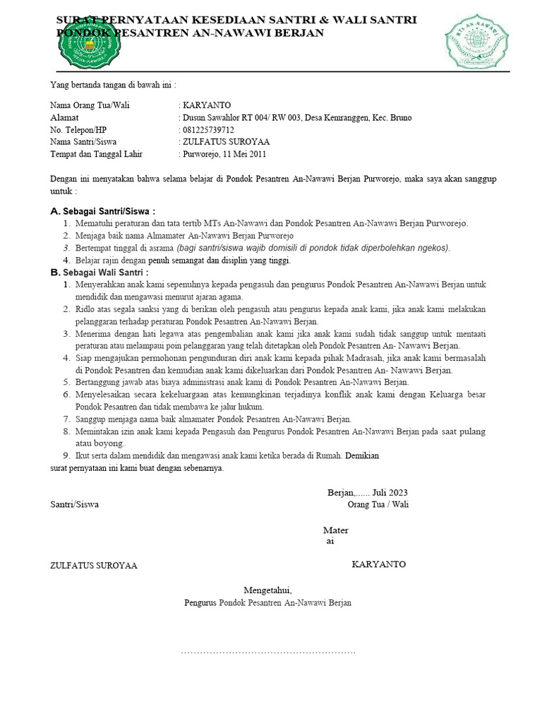 SURAT PERNYATAAN MTs & Pondok | PDF