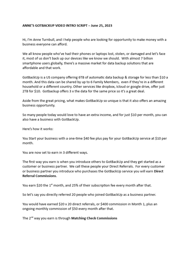 Anne's GotBackUp Intro Video Script | Download Free PDF | Service Industries | Computing