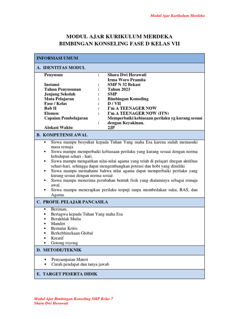 Modul Ajar BK Teenager - Sasa | PDF