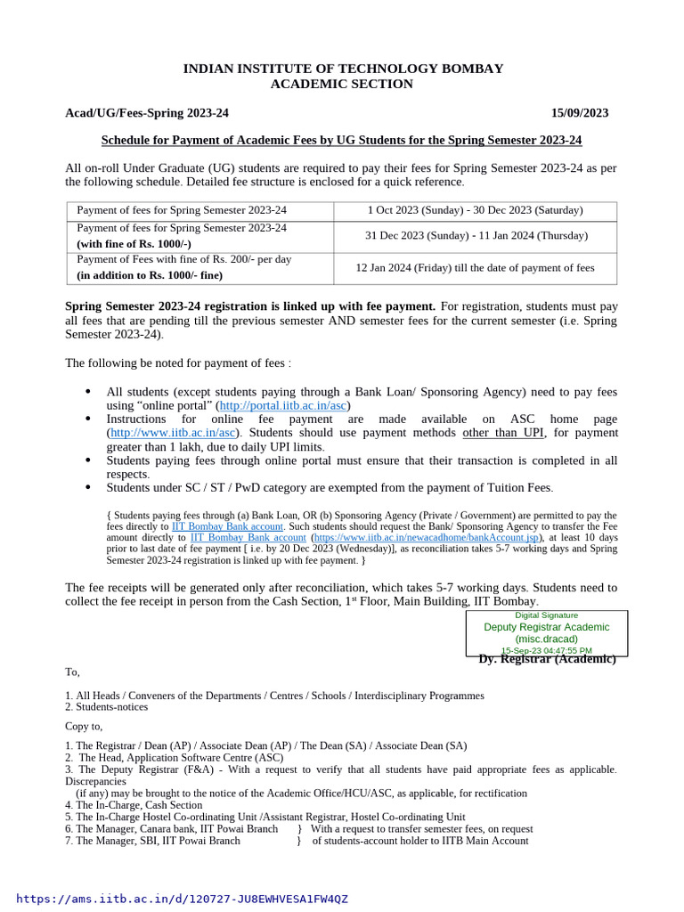 Circular UG Spring Semester 2023-24 Fees | PDF