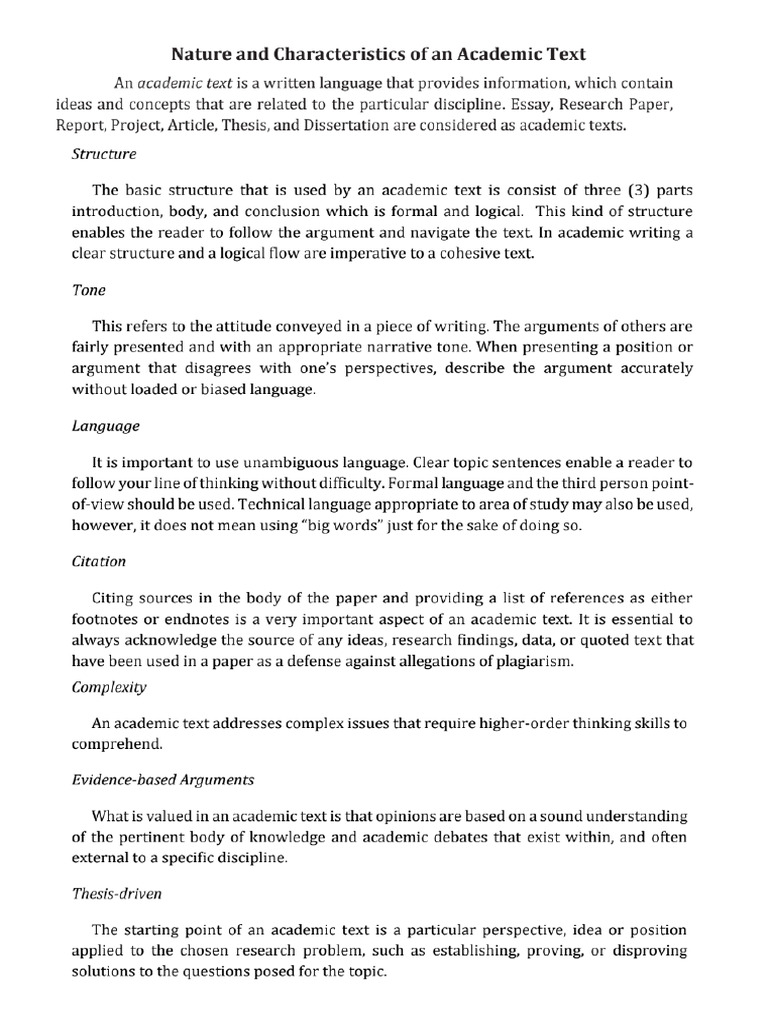Nature and Characteristics of Academic Text | PDF