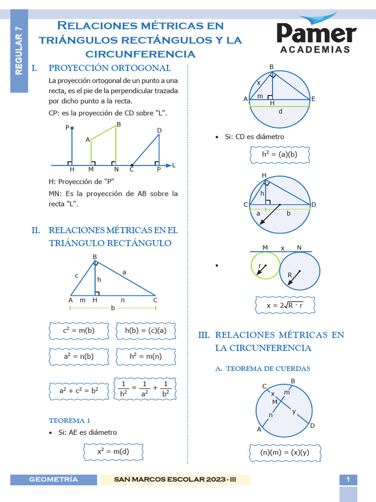 Geometría_Reg 7_Relaciones métricas en triángulos rectángulos y la circunferencia | PDF ...