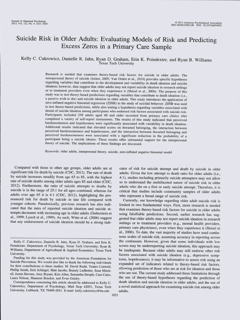 Suicide Risk in Older Adults: Evaluating Models of Risk and Predicting ...