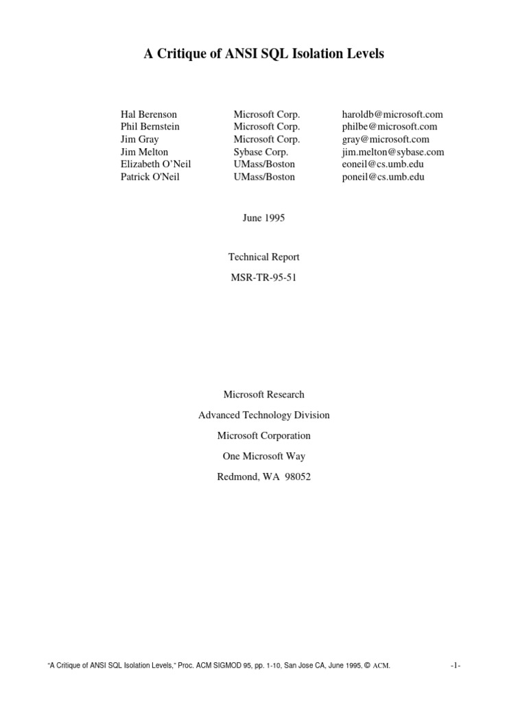 A Critique of ANSI SQL Isolation Levels | PDF A Critique of ANSI SQL Isolation Levels | PDF