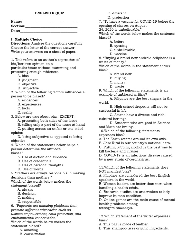 examining bias-quiz | PDF