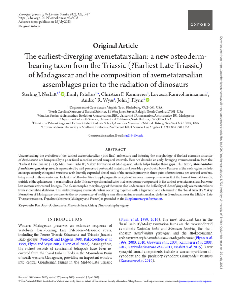 Nesbitt Et Al 2023 Mambachiton Fiandohana The Earliest-Diverging ...