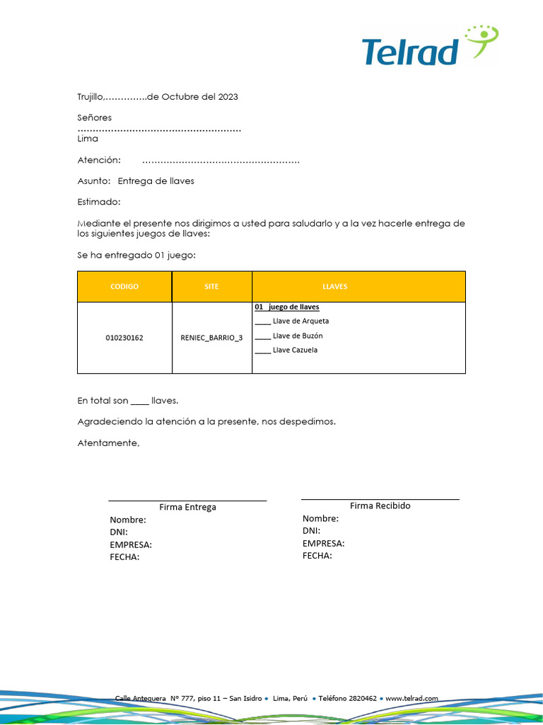 Formato de Entrega de Llaves - Arqueta | PDF