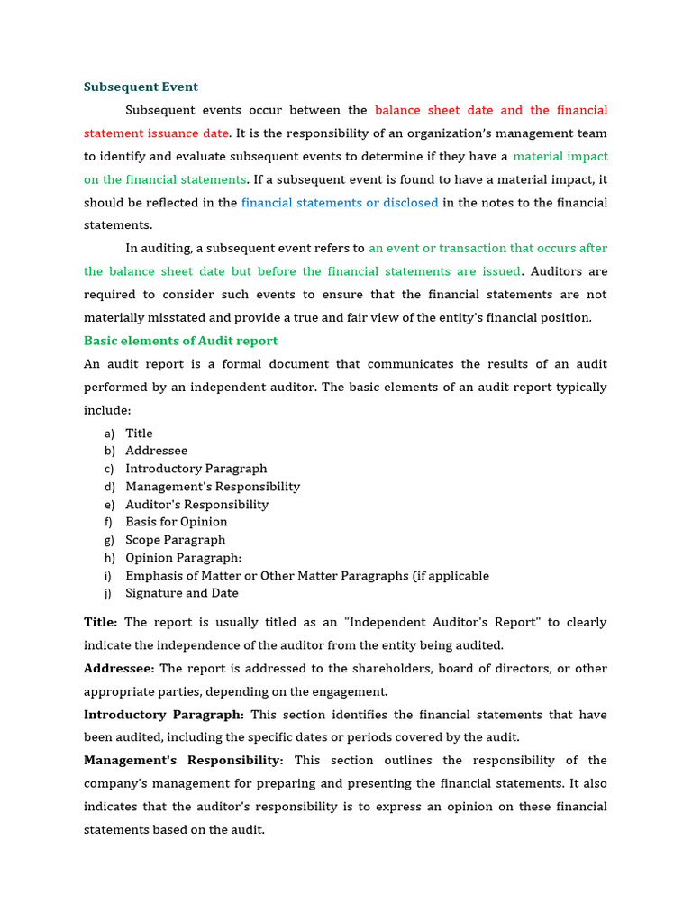 Subsequent Event | Download Free PDF | Auditor's Report | Financial Audit
