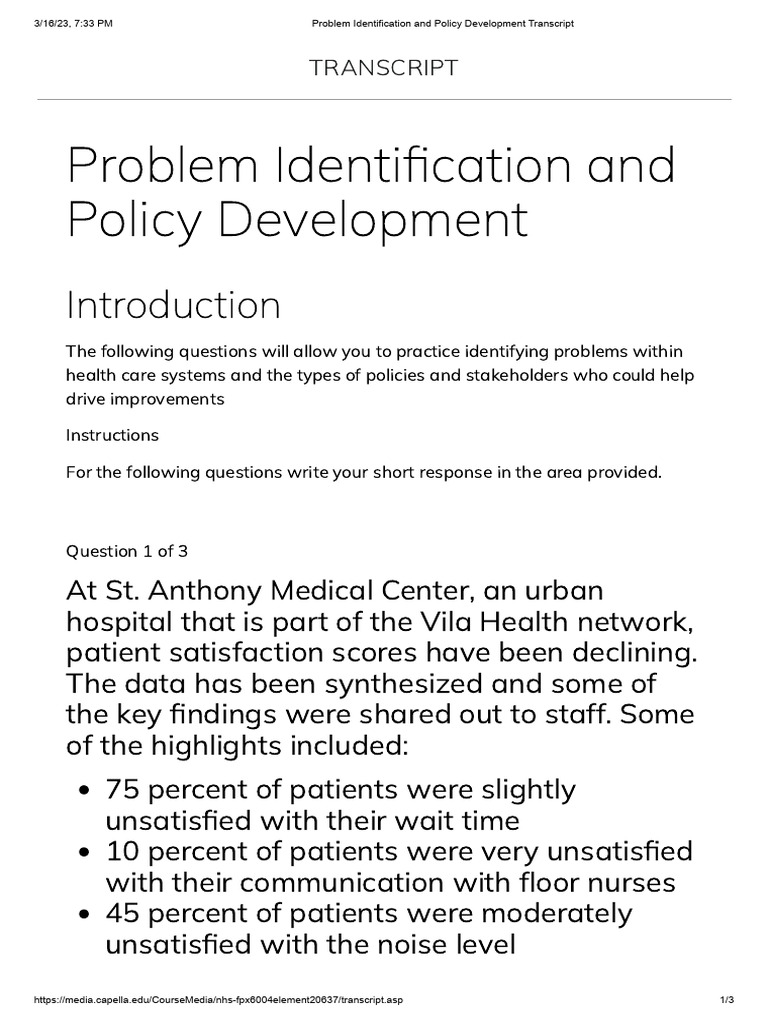 Problem Identification and Policy Development Transcript | PDF | Patient | Hospital