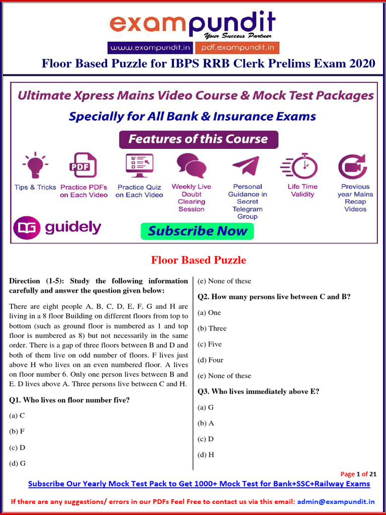 Floor Based Puzzle Questions PDF For Ibps RRB Clerk Prelims 2020 Exam | PDF