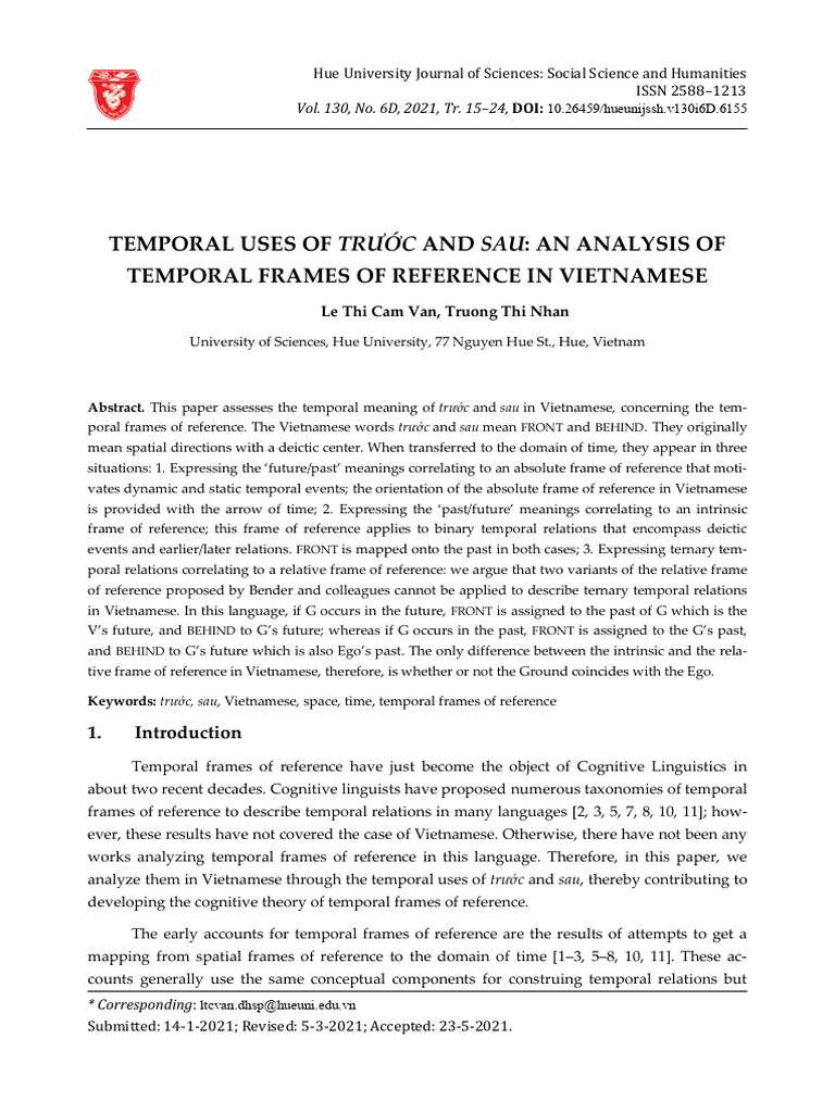 Temporal Uses of Trư C and Sau An Analysis of Temporal Frames of ...
