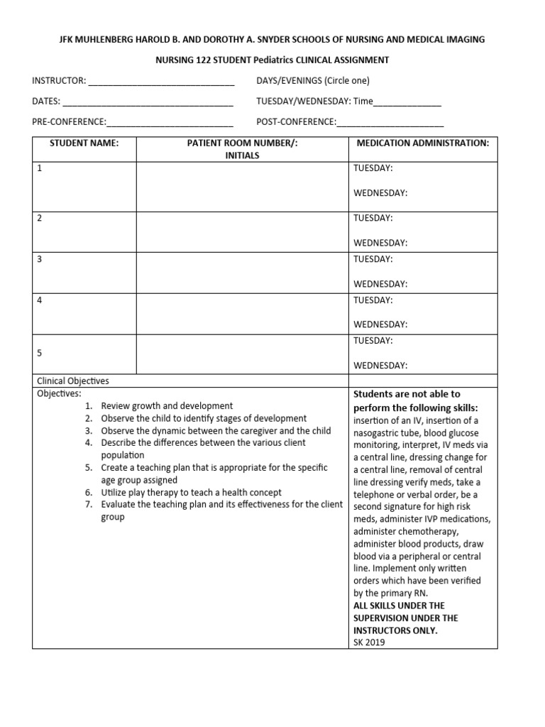 peds clinical assignment sheet | PDF