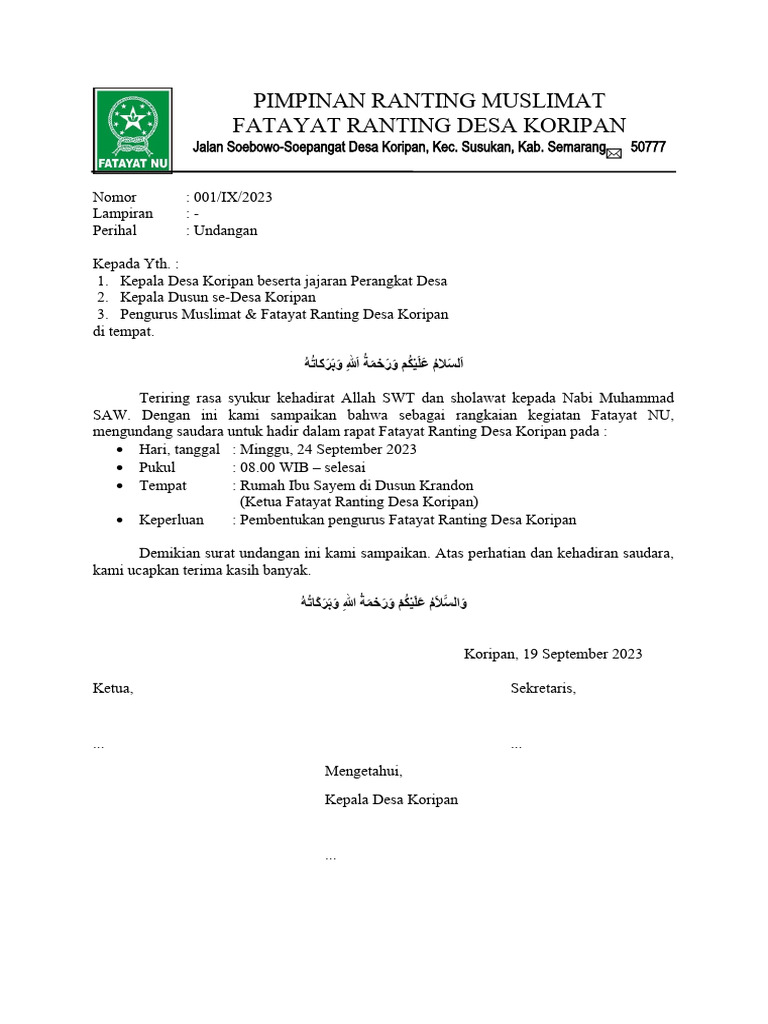 Undangan Rapat Fatayat Desa Koripan | PDF