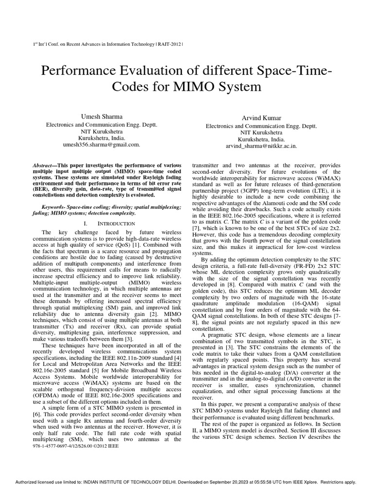 Performance Evaluation Of Different Space Time Codes For Mimo System Download Free Pdf Mimo