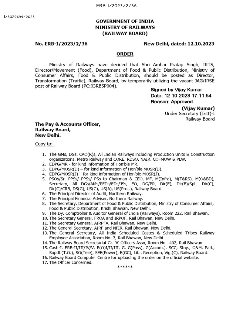 Posting of Shri Ambar Pratap Singh, IRTS As Dir Trasformation (Traffic), Railway Board | PDF