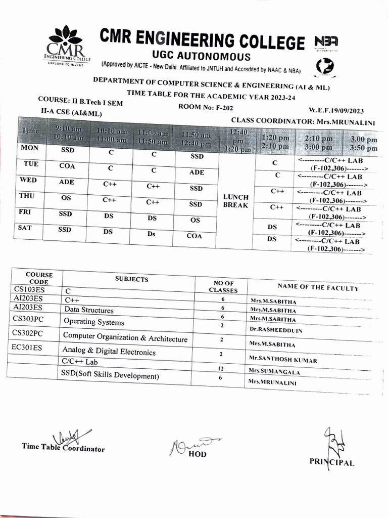 CSE AI & ML 2023-24 Timetable | PDF