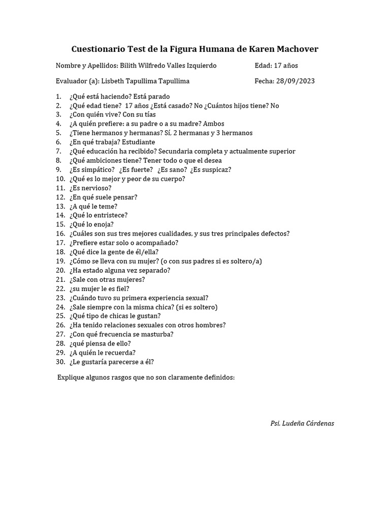 Cuestionario Test de La Figura Humana de Karen Machover | PDF