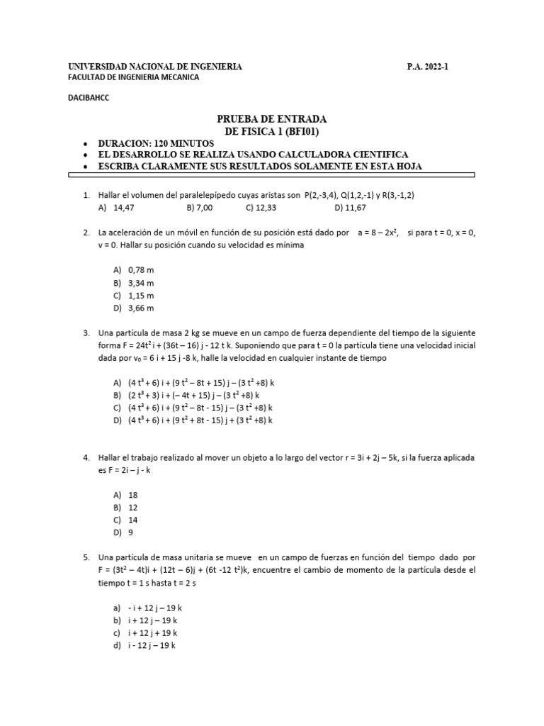 02 Prueba de Entrada Modelo Opcion Multiple Fisica1 2022-1 EF PDF | PDF | Movimiento (física ...