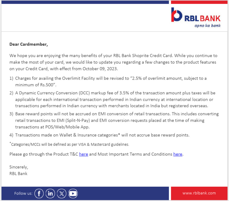 RBL Bank Shoprite Credit Card Updates | PDF