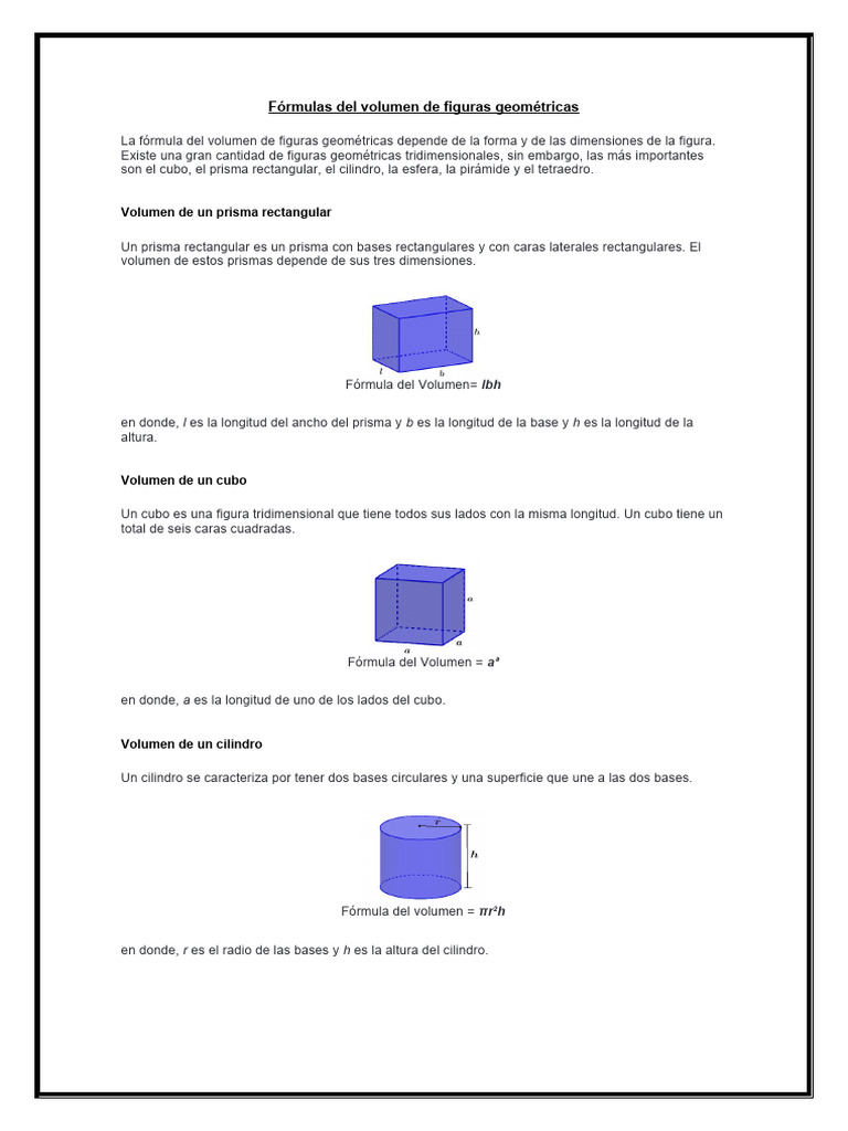 Fórmulas del volumen de figuras geométricas | PDF | Esfera | Volumen