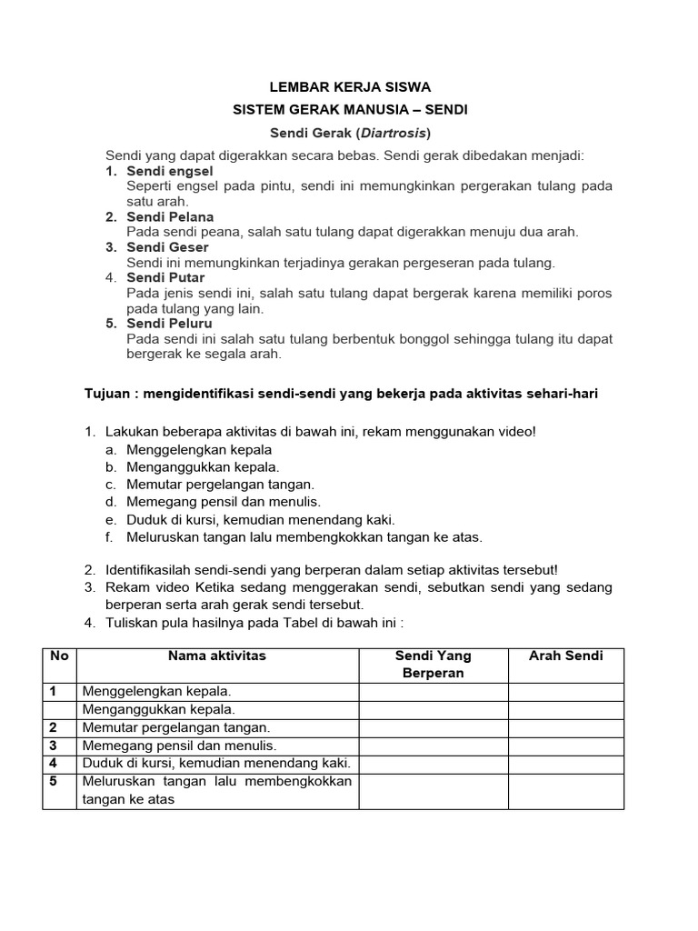 LKPD 1. Sistem Gerak (Sendi) | PDF