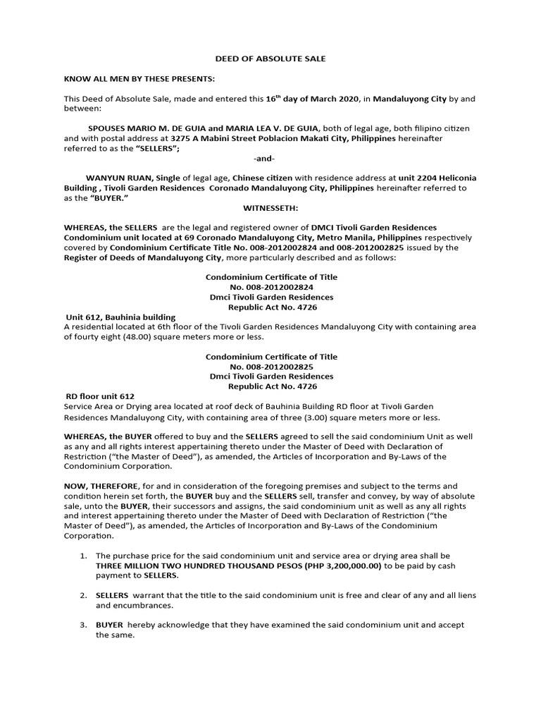Deed of Absolute Sale | PDF | Condominium | Taxes