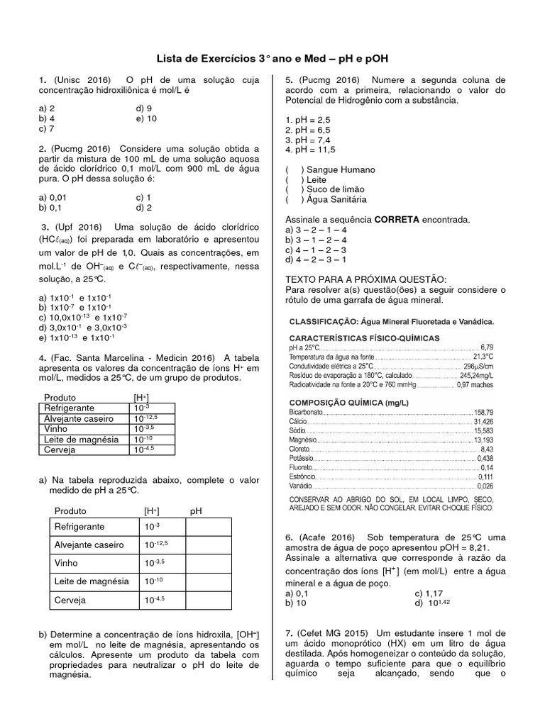Lista de Exercícios 3° Ano e Med - PH e pOH: X X X X X X X X X X | PDF