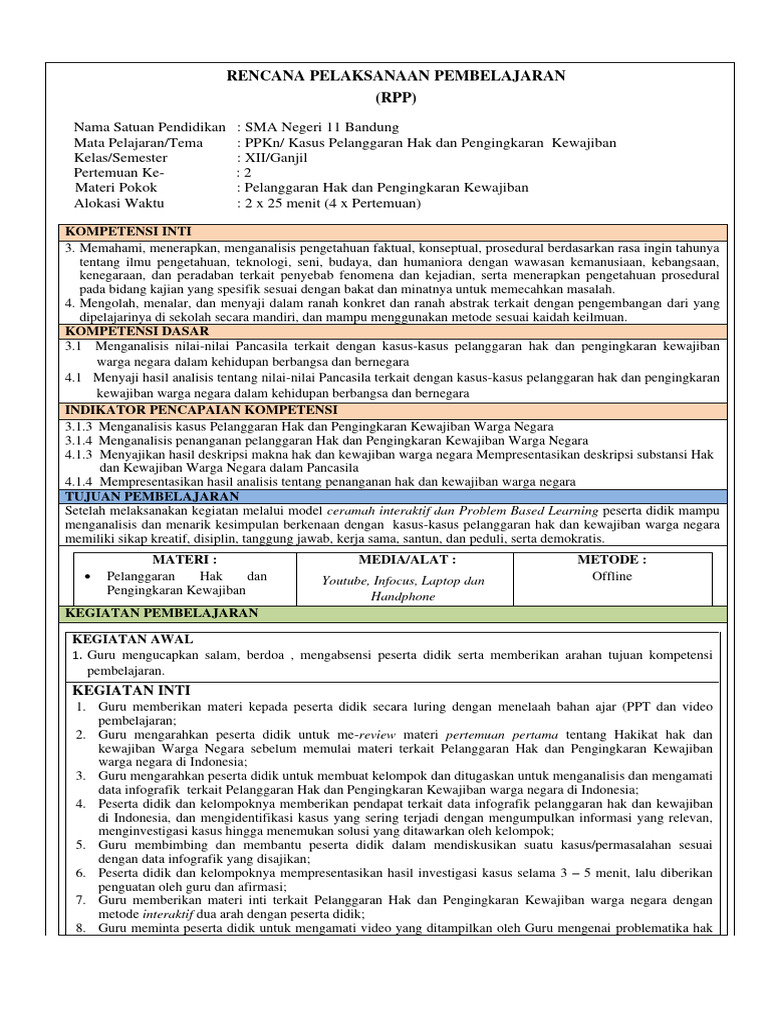 RPP DAN LAMPIRAN BAB 1 Pelanggaran Hak Dan Kewajiban (Pert 3) | PDF