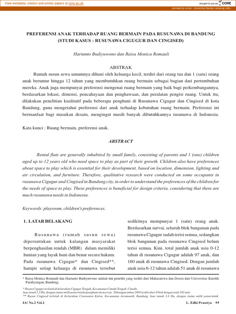 Preferensi Anak Terhadap Ruang Bermain di Rusunawa Bandung | PDF