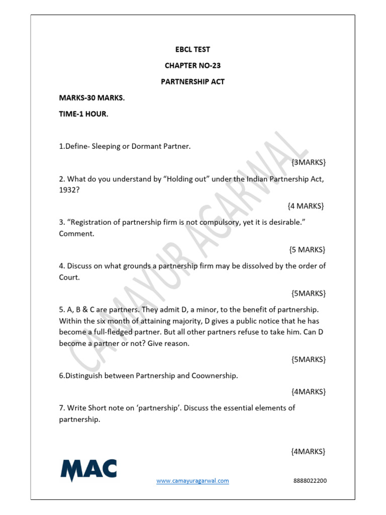 Chapter 23 Partnership (Question Paper) | PDF