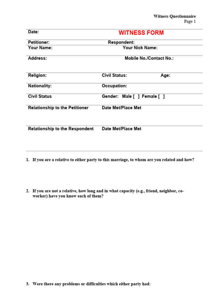 Catholic Annulment Witness Questionnaire | PDF
