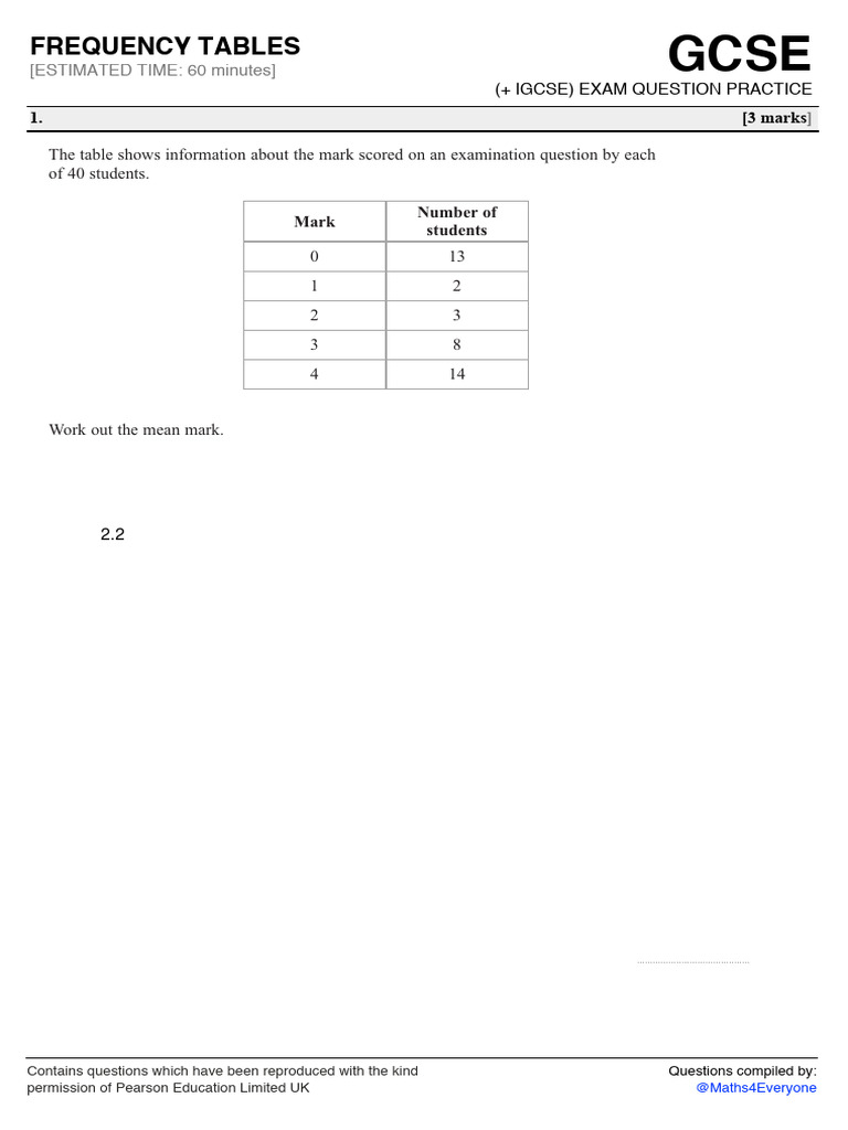 GCSE Frequency Tables Practice Questions | PDF