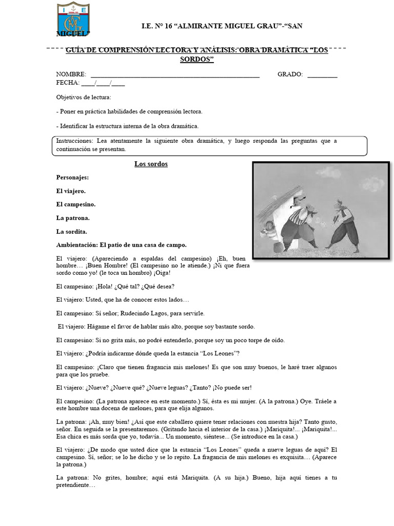 Guia-de-Comprension-Lectora-y-Analisis-Obra-Dramatica-Los-Sordos | PDF