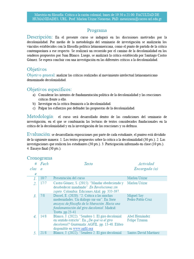 Programa Del Curso Crítica de La Razón Colonial | PDF