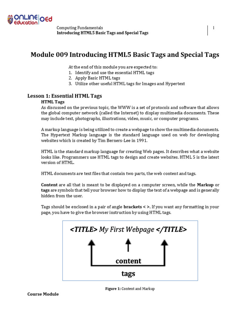 Week 11 - Introducing HTML5 Basic Tags and Special Tags | PDF | Html Element | Html
