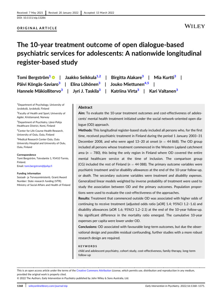 The 10-Year Treatment Outcome of Open Dialogue-Based | PDF | Psychiatry ...