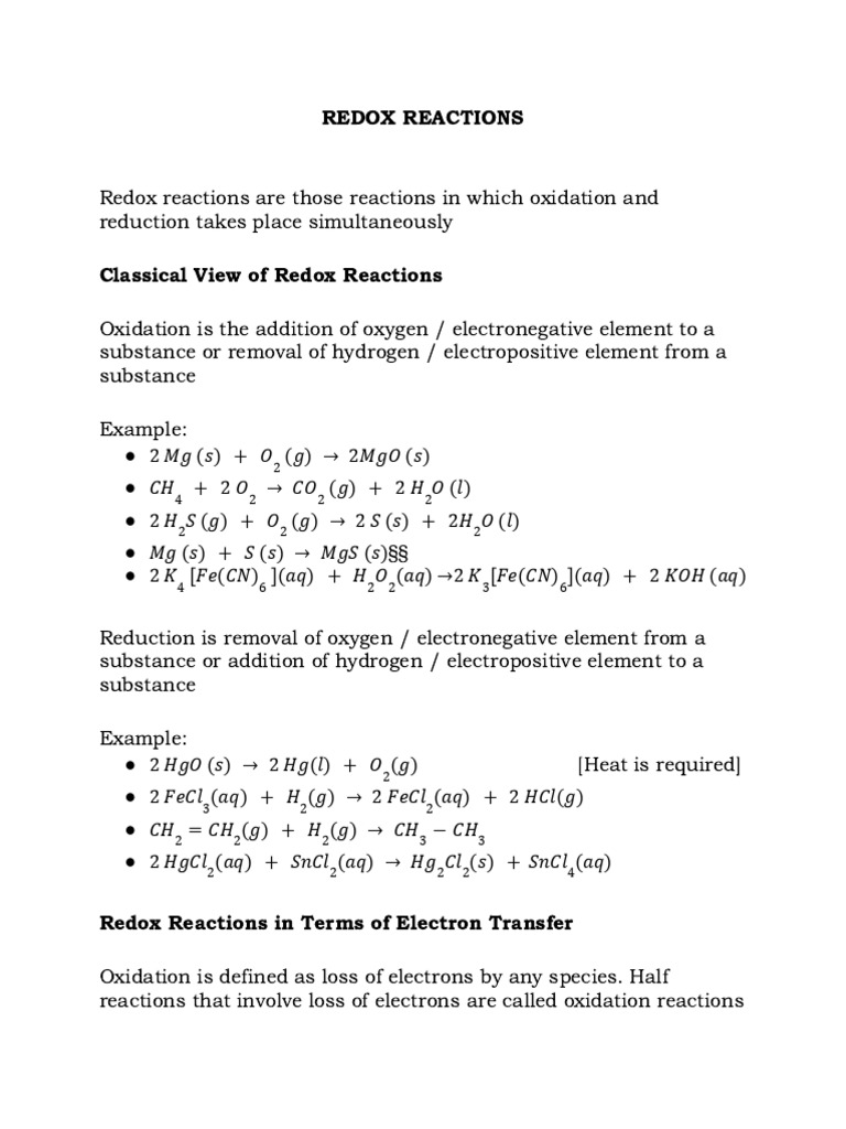 Redox Reactions Notes | PDF | Redox | Electrochemistry Redox Reactions Notes | PDF | Redox | Electrochemistry